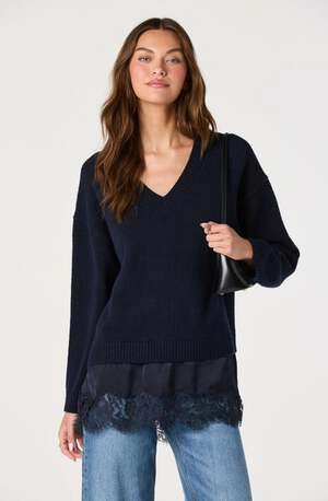 Astr The Label Filla Lace Hem Layered V-neck Sweater - Navy