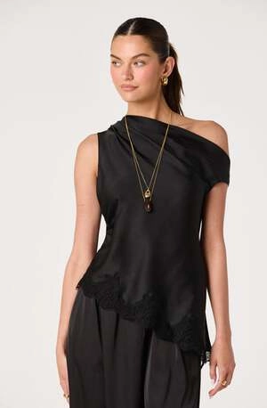Astr The Label Thelma Asymmetric Lace Hem Satin Top - Black