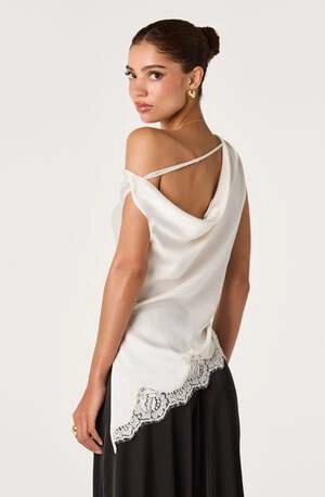 Astr The Label Thelma Asymmetric Lace Hem Satin Top Cream