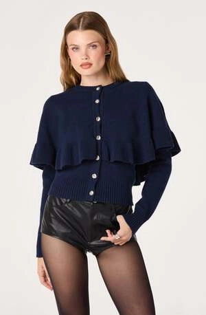 Astr The Label Bayona Ruffle Cape Knit Cardigan - Navy