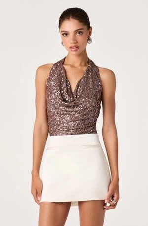 Astr The Label Christelle Sequin Cowl Neck Halter Top - Graphite