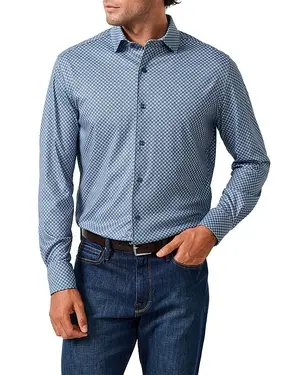David Donahue Cotton Geometric Knit Sport Shirt - Hunter/ Multi