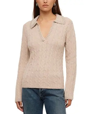 Fifteen Twenty Estelle Embellished V Neck Cable Knit Sweater - Wheat