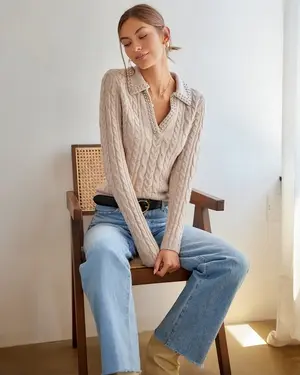 Fifteen Twenty Estelle Embellished V Neck Cable Knit Sweater