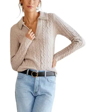 Fifteen Twenty Estelle Embellished V Neck Cable Knit Sweater