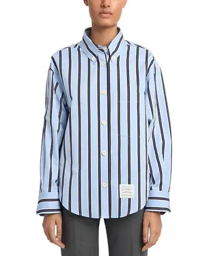 Thom Browne Striped Cotton Poplin Button Down Shirt - Light Blue