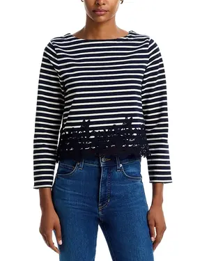 Veronica Beard Striped Lace Trim Top - Navy/dove