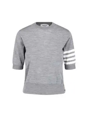 Thom Browne Half-sleeve Knit Sweater With Stripe Detail - Grey