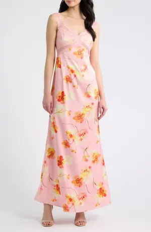 HELLO MOLLY Glowique Satin Lace Maxi Dress - Peach