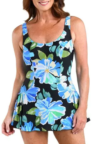 MAXINE OF HOLLYWOOD Belize Breeze Full Coverage One-piece Swimdress - Black Multi