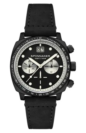 SPINNAKER Hull Chronograph Japanese Quartz Leather Strap Watch Black