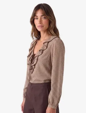 Koton Long Sleeve Ruffle V Neck Gingham Blouse