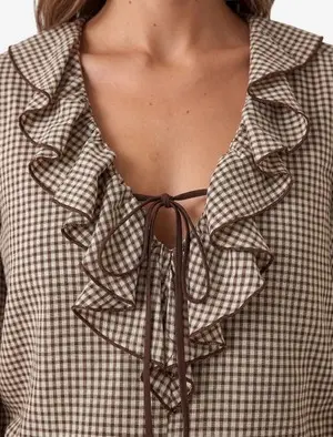 Koton Long Sleeve Ruffle V Neck Gingham Blouse