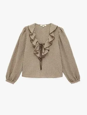 Koton Long Sleeve Ruffle V Neck Gingham Blouse