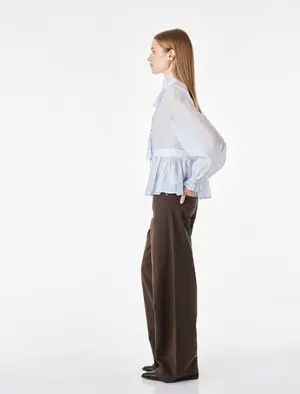 Koton Gathered Cuffs Long Sleeve Ruffle Scarf Neck Peplum Blouse - Blue