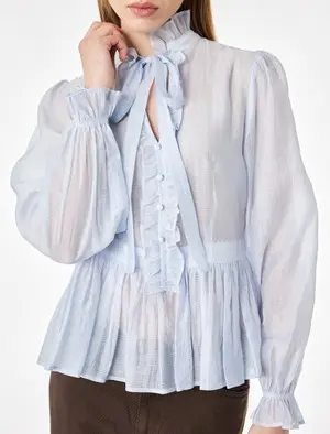 Koton Gathered Cuffs Long Sleeve Ruffle Scarf Neck Peplum Blouse