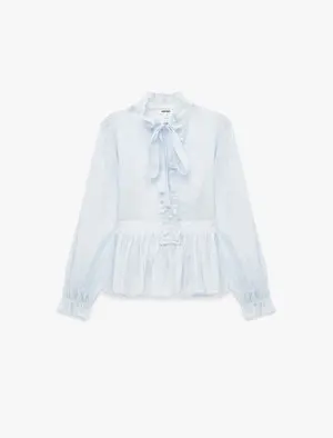 Koton Gathered Cuffs Long Sleeve Ruffle Scarf Neck Peplum Blouse
