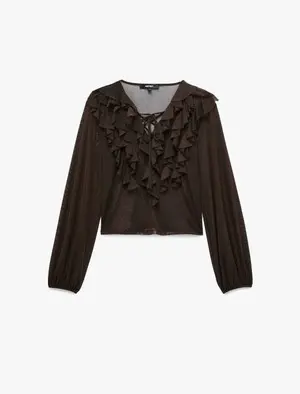 Koton Long Sleeve V-neck Semi-sheer Tulle Ruffle Blouse