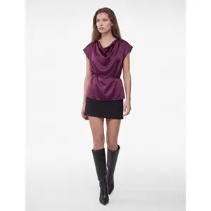 Koton Short Sleeve Cowl Neck Belted Satin Blouse - Plum