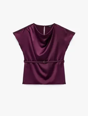 Koton Short Sleeve Cowl Neck Belted Satin Blouse