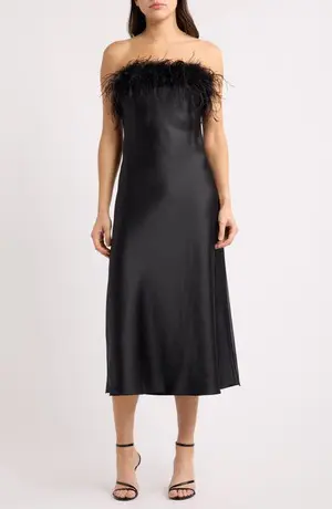 LUCY PARIS Flora Feather Strapless Midi Dress