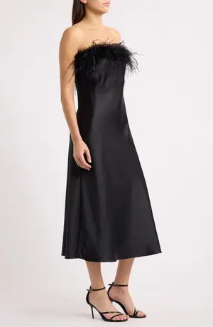LUCY PARIS Flora Feather Strapless Midi Dress