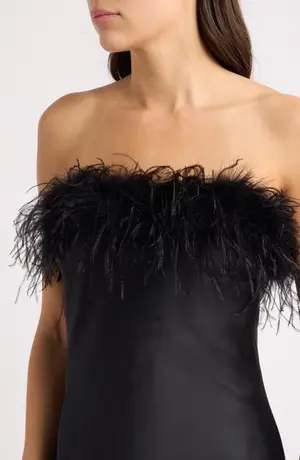 LUCY PARIS Flora Feather Strapless Midi Dress