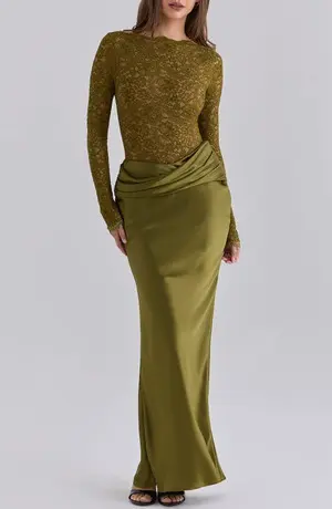 House Of Cb Yasmeen Lace And Satin Draped Maxi Dress - Olive