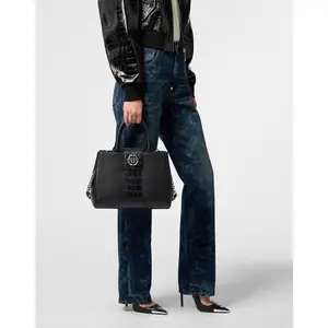 Philipp Plein Nappa Handle Bag Hexagon Strass Cocco Cut - Black