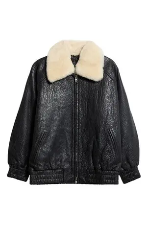 STAND STUDIO Tobie Leather Bomber Jacket With Genuine Shearling Collar