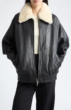 STAND STUDIO Tobie Leather Bomber Jacket With Genuine Shearling Collar - Black