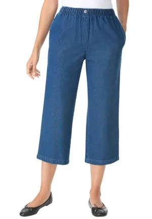 WOMAN WITHIN 7 Day Elastic Waist Pull On Cotton Denim Capri Jeans Medium Stonewash
