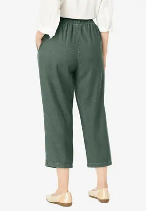 WOMAN WITHIN 7 Day Elastic Waist Pull On Cotton Denim Capri Jeans - Pine