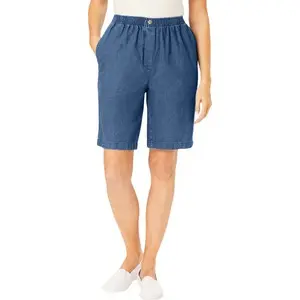 WOMAN WITHIN 7 Day Elastic Waist Cotton Denim Short Medium Stonewash