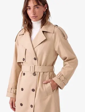 Koton Gabardine Belted Long Trench Coat With Back Storm Flap
