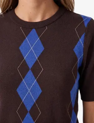 Koton Crew Neck Short Sleeve Argyle Knit Sweater