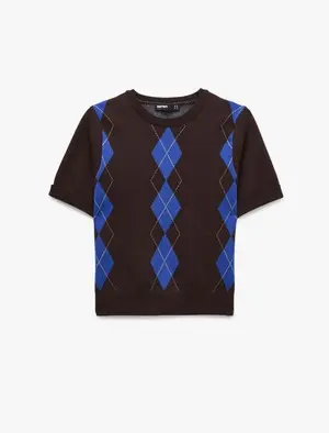 Koton Crew Neck Short Sleeve Argyle Knit Sweater