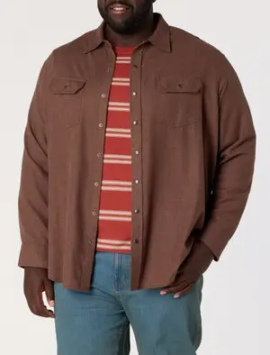 HARBOR BAY BY DXL Big & Tall Solid Flannel Sport Shirt V2 - Brown