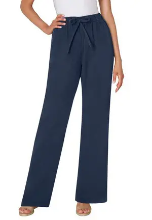 WOMAN WITHIN Wide Leg Drawstring Cotton Denim Pants Navy