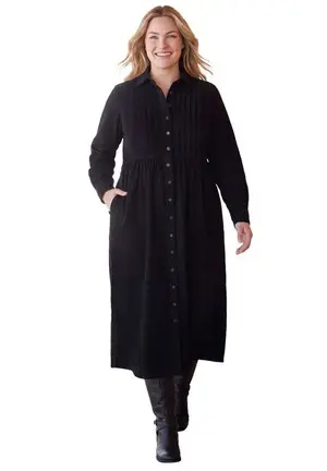 WOMAN WITHIN Button Front Corduroy Dress - Black