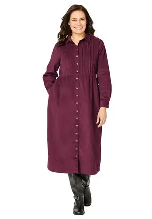 WOMAN WITHIN Button Front Corduroy Dress - Deep Claret