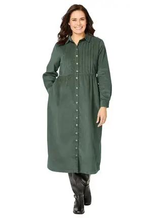 WOMAN WITHIN Button Front Corduroy Dress - Pine