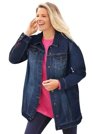 WOMAN WITHIN Long Stretch Denim Jean Jacket - Midnight Sanded