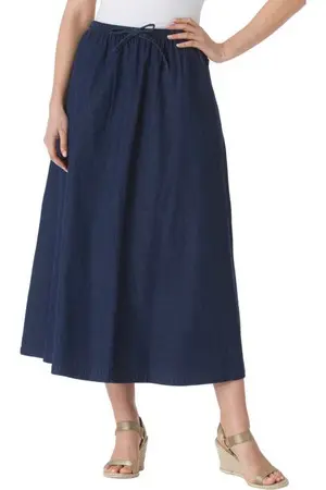 WOMAN WITHIN Drawstring Cotton Denim Skirt Indigo