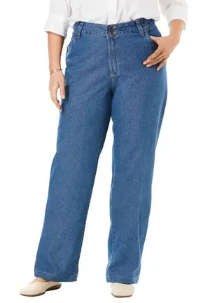 WOMAN WITHIN Perfect Wide Leg All Cotton Denim Five Pocket Jeans Medium Stonewash