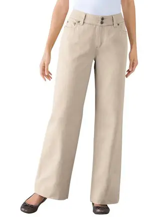 WOMAN WITHIN Perfect Wide Leg All Cotton Denim Five Pocket Jeans Natural Khaki