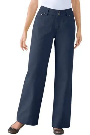 WOMAN WITHIN Perfect Wide Leg All Cotton Denim Five Pocket Jeans Navy