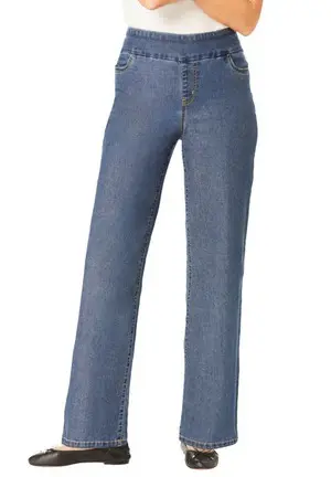 WOMAN WITHIN Flex Fit Pull On Wide Leg Denim Jean - Medium Stonewash