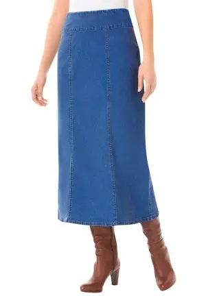 WOMAN WITHIN Smooth Waist Pull On Flex Fit Denim Skirt - Medium Stonewash