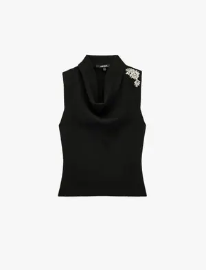 Koton Sleeveless Cowl Collar Rhinestones Knit Top